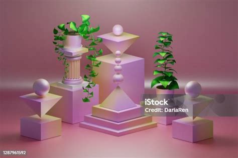 화분에 심은 식물과 기본 기하학적 모양의 낭만적 인 구성 0명에 대한 스톡 사진 및 기타 이미지 0명 3차원 형태 개체