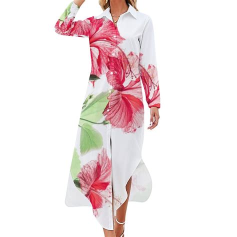 Hibiscus Long Sleeved Shirt Dress Evening Dress Women Beach Outfits For