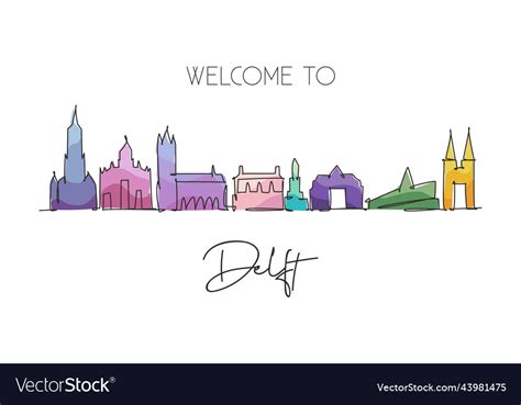 One Continuous Line Drawing Of Delft City Skyline Vector Image