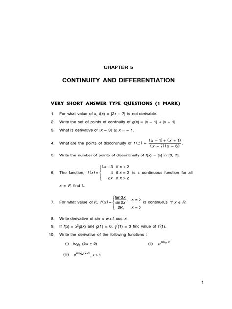 Class Xii Maths Marks Wise Important Questions Chapter 5 Continuity And Differentiation Pdf