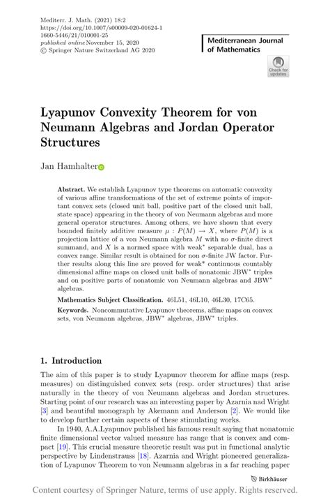 Lyapunov Convexity Theorem For Von Neumann Algebras And Jordan Operator