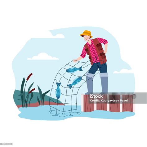 행복한 어부는 캐치 물고기 벡터 평면 그림으로 그물을 당깁니다 가득 찬에 대한 스톡 벡터 아트 및 기타 이미지 가득 찬