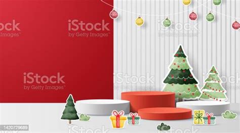 쇼 제품 전시를위한 연단나무 Xmas가있는 빨간색 배경에 겨울 크리스마스 장식 3d 벡터 배경 주제에 대한 스톡 벡터 아트 및