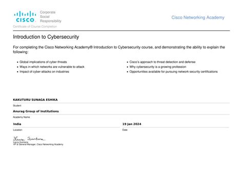 Earned A Cybersecurity Certificate From Cisco Sunaga Eshika Kakuturu