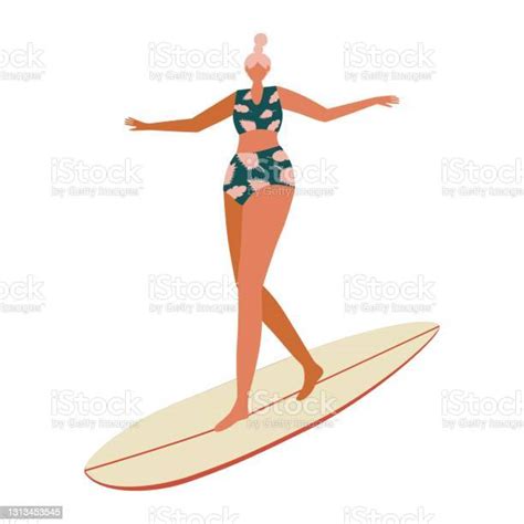 열대 프린트 수영복과 서핑 보드의 소녀 서퍼 캐릭터 티셔츠 엽서 베개 포스터 섬유 등에 인쇄할 여름 일러스트레이션 손으로 그린 스타일의 벡터 일러스트레이션 서핑 수상