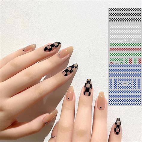 블랙 화이트 격자 무늬 스트라이프 패턴 네일 아트 스티커 바둑판 데칼 그리드 초박형 랩 장식 스티커 티몬