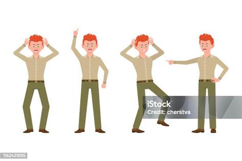 녹색 바지 벡터 일러스트에 화가 스트레스 필사적 인 빨간 머리 젊은 남자 흰색 배경에 설정 된 소년 만화 캐릭터를 비명을 지르는 손가락 소리 지르기 가리키기에 대한 스톡