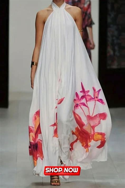 Plus Size Casual Dress Womens Plus Floral Print Halter Neck Backless