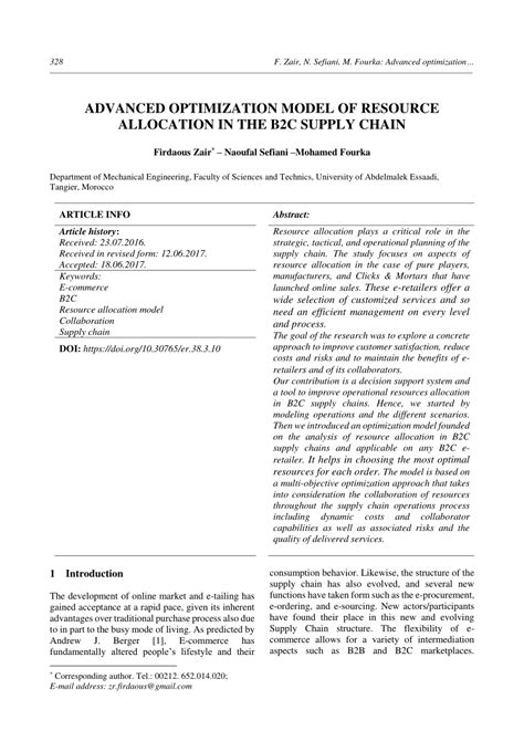 Pdf Advanced Optimization Model Of Resource Allocation In The B2c Supply Chain