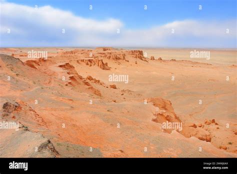 View On Bayanzag Flaming Cliffs On The Mongolian Gobi Desert Containing Fossils Of Jurassic