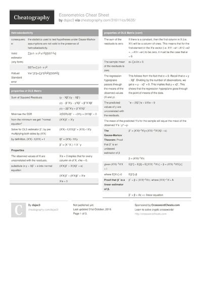 3 econometrics cheat sheets cheat sheets for every