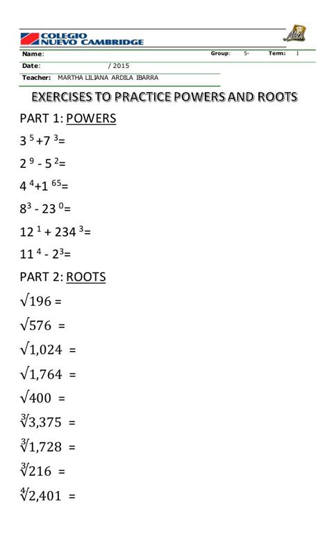 Exercises To Practice Powers And Roots