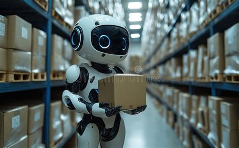 Humanoid Robot Organizing Boxes In A Modern Warehouse Setting Stock