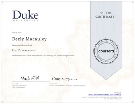 the completion of this rust fundamentals course from duke university is