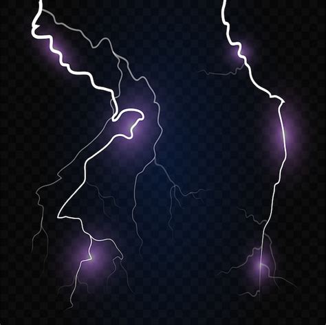 파란색 배경에 고립 된 번개 효과의 집합입니다 천둥 폭풍 마법과 밝은 번개 효과 프리미엄 벡터