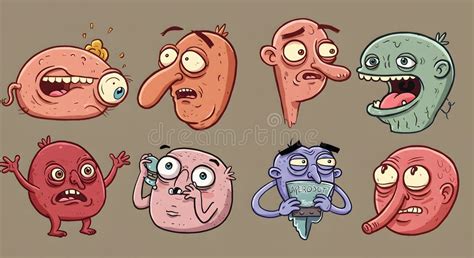 Funny Cartoon Meme Faces With Absurd Expressions Stock Illustration
