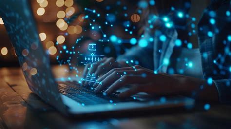 Image Of Hands On Keyboard With Cybersecurity And Data Encryption Symbols Premium Ai Generated