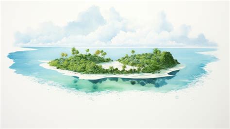 Photorealistic Watercolor Illustration Of Island In Ocean Stock