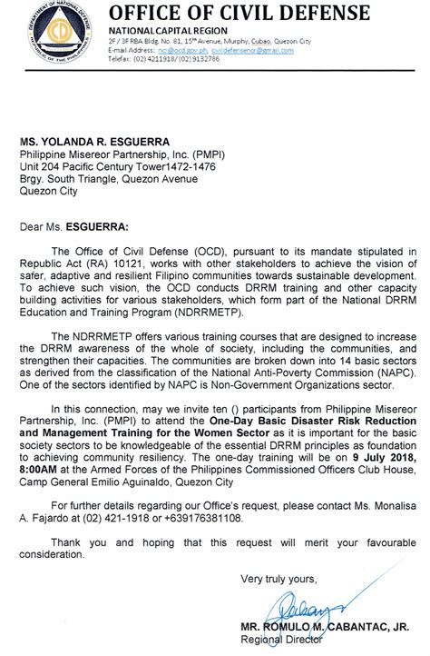 Invitation Letter From Ocd One Day Basic Disaster Risk Reduction And Management Training