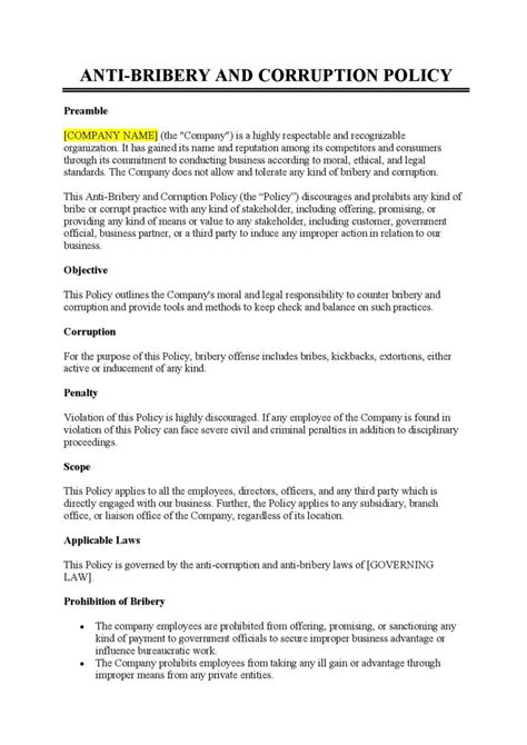 Anti Bribery And Corruption Policy Free Template