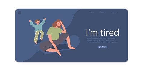 저는 피곤해요 방문 페이지 템플릿입니다 지친 여성 부모의 책임 어린이는 주의가 필요합니다 모성의 어려움의 개념 벡터 만화 평면