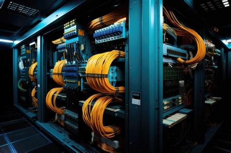Premium Ai Image Server Room With Switch Internet Cables And Wires Fiber Optic Equipment In