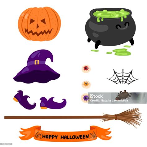 할로윈 세트 호박 마녀의 가마솥 마녀 의상 부츠 모자 및 빗자루 할로윈 비문 무서운 눈 거미 웹 손으로 그린 벡터 일러스트레이션