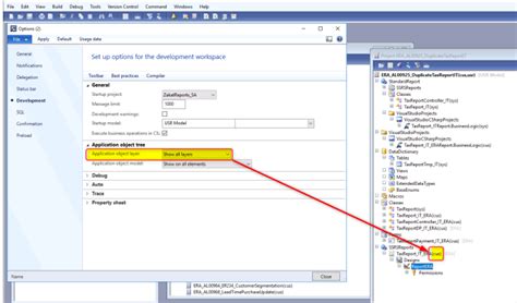 ax d365fo show the layer in aot development workspace for elements