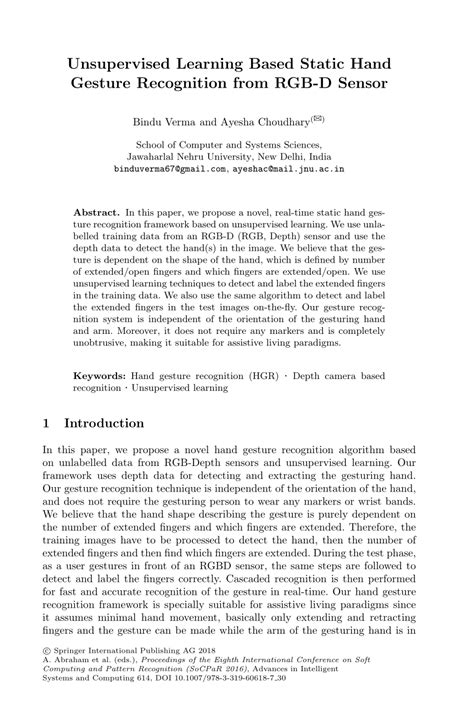 PDF Unsupervised Learning Based Static Hand Gesture Recognition From RGB D Sensor