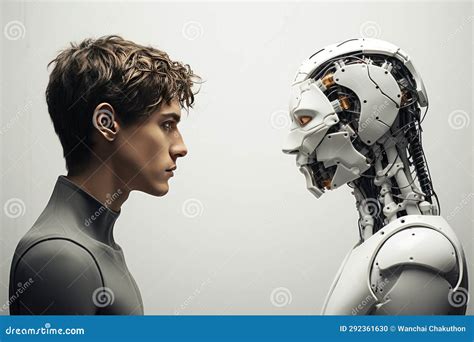 Side View Of A Young Male Robot Looking At His Female Robot Stock