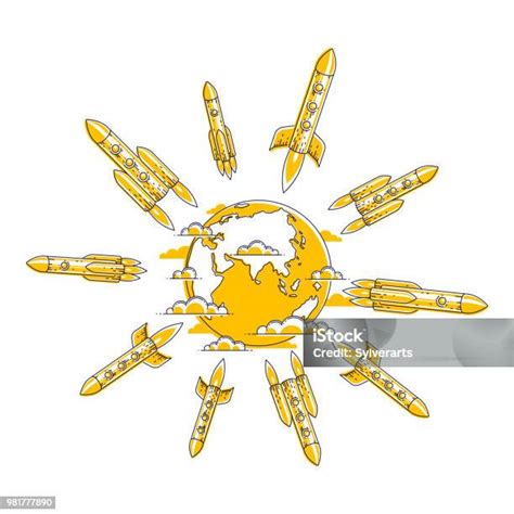 많이 알려지지 않은 공간 탐사 과학 주제를 탐구 하는 다른 방향으로 지구 행성에서 우주로 비행을 발사 하는 로켓 얇은 선 3d 벡터 그림은 흰색 절연입니다 경외감에 대한