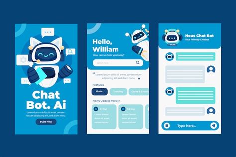 손으로 그려진 평평한 대화 AI 채팅 앱 디자인 템플릿 세트 프리미엄 벡터