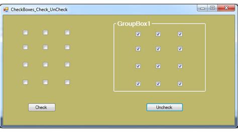 c how to check and uncheck all checkbox in form or in groupbox in c