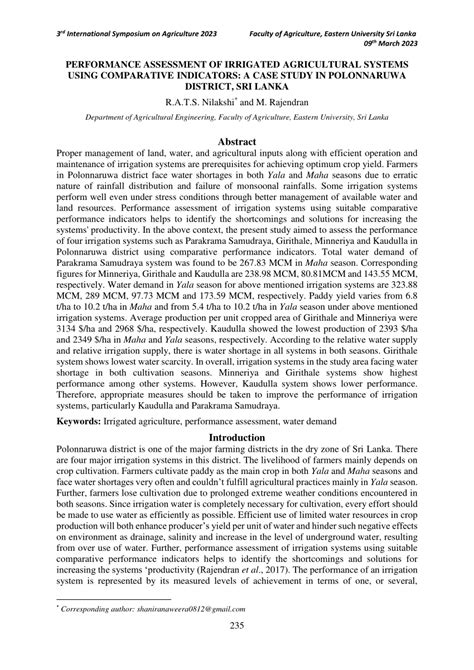 Pdf Performance Assessment Of Irrigated Agricultural Systems Using Comparative Indicators A