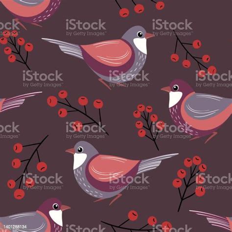 재미있는 다채로운 새 꽃 잎 및 열매가있는 완벽한 패턴 작은 만화 새와 컬러 플랫 벡터 일러스트레이션 귀여운 캐릭터 초대 포스터
