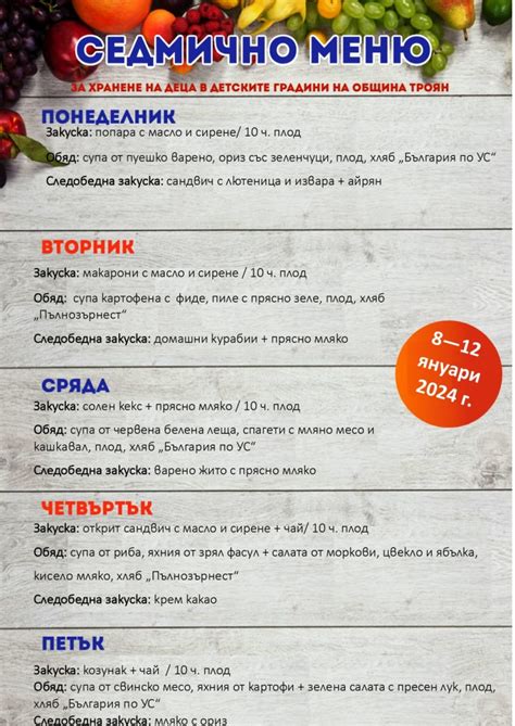 Седмично меню за хранене на деца в детските градини на община Троян за периода 08 01 12 01