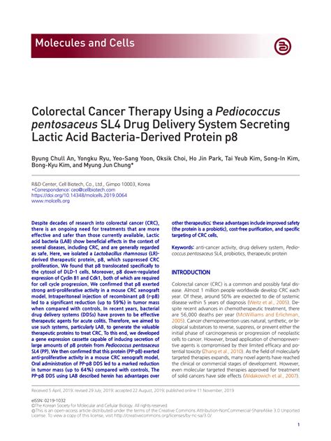 Pdf Colorectal Cancer Therapy Using A Pediococcus Pentosaceus Sl4