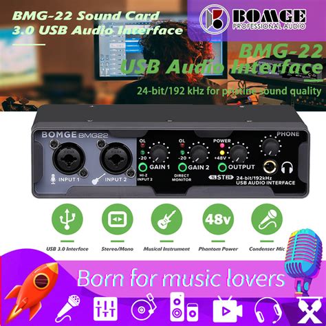 Bomge Bmg22 Usb Audio Interface 2i2 24 Bit 192 Khz 48v Phantom Power For Condenser