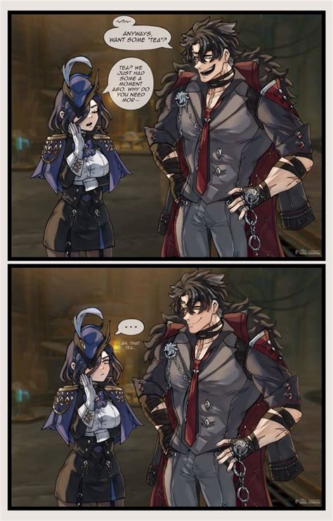 Wriothesley X Clorinde Милые рисунки Мультипликационные иллютрации