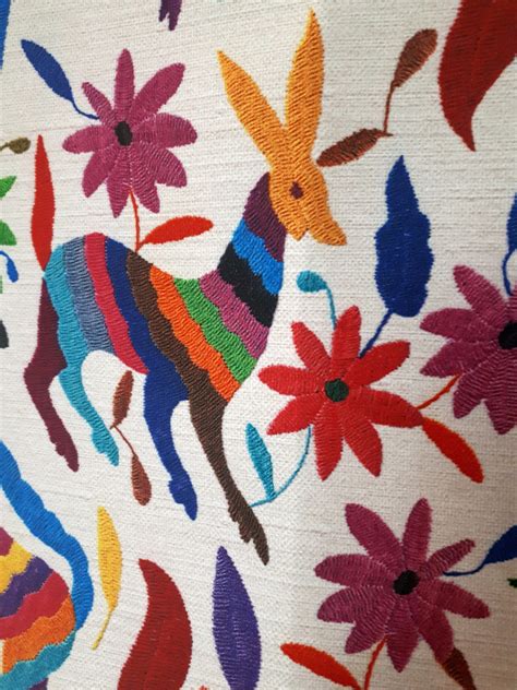 Otomi Mexican Fabric Colorful Flower Leaf And Rabbit Deer Etsy