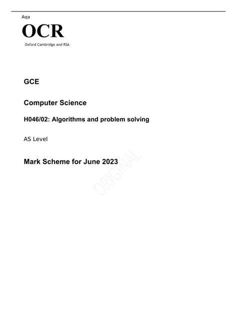 Ocr As Level Computer Science H04602 June 2023 Mark Scheme Algorithms And Problem Solving As