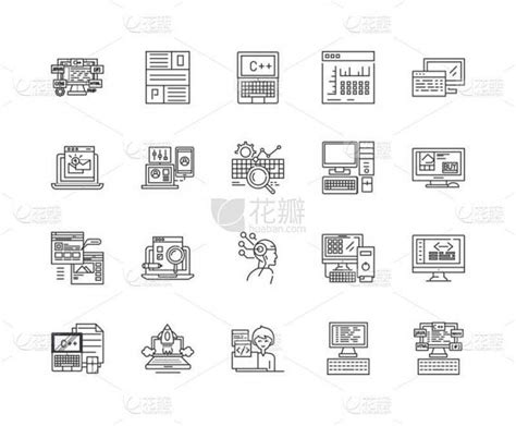 编码行图标、符号、矢量集、大纲插图概念