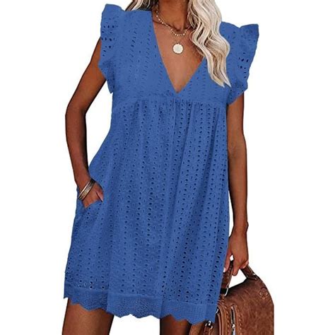 Robe Femme été Bohème Chic Et Élégante Col V Et Manches à Volants Bleu Bleu Cdiscount