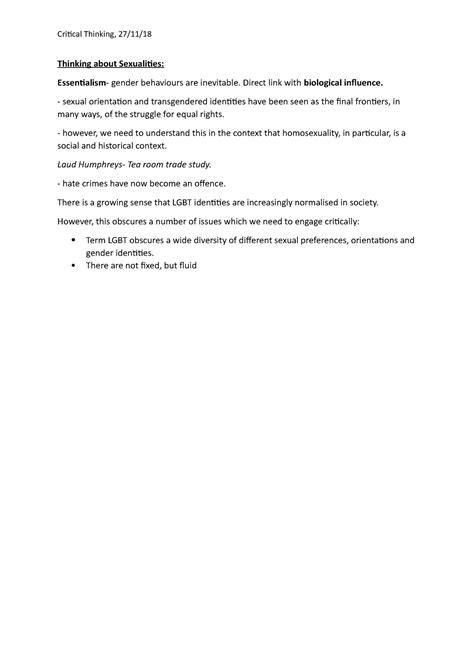 Thinking About Sexualities Critical Thinking Thinking About Sexualities Essentialism