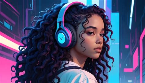 Premium Photo A Very Cute Girl With Long Curly Hair Wearing Headphones
