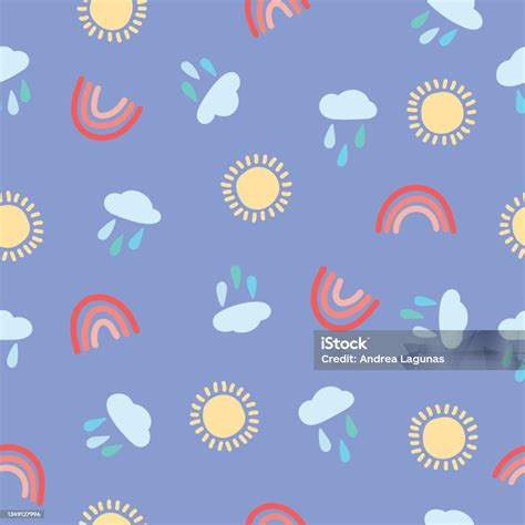 최소한의 스타일과 라일락 배경으로 비 구름 무지개 태양이 있는 날씨 유치한 매끄러운 패턴 벡터 디자인 0명에 대한 스톡 벡터