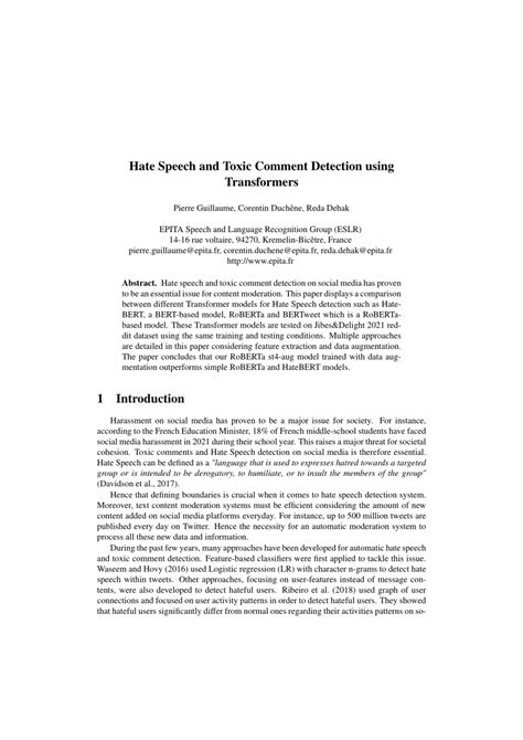 Pdf Hate Speech And Toxic Comment Detection Using Transformers