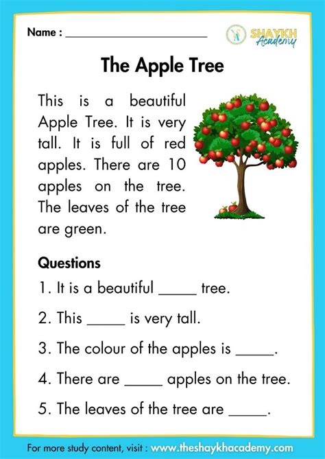 The Apple Tree English Reading Passages Worksheet For Kindergarten