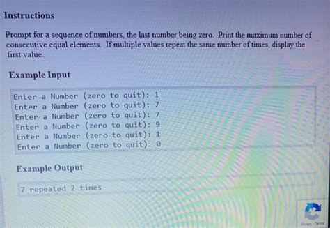 Solved Instructions Prompt For A Sequence Of Numbers The Chegg Com