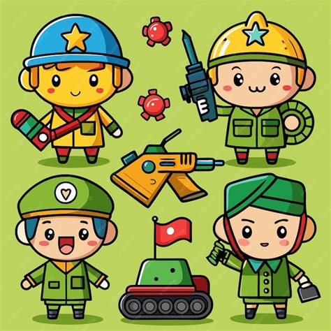 Five Cute Cartoon Soldiers Holding Weapons And A Tank Premium Ai